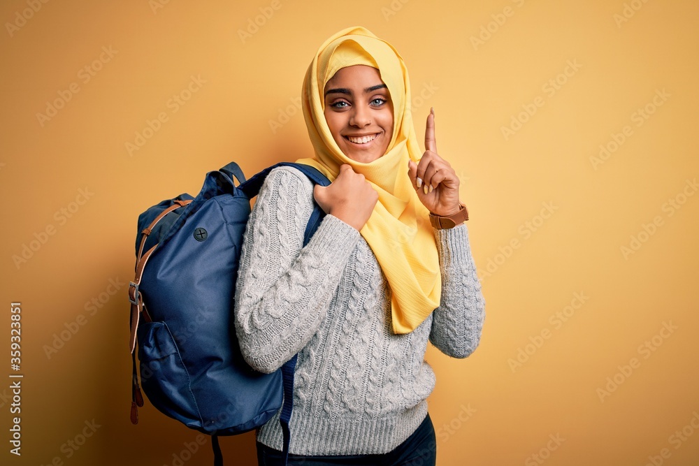 Young african american student girl wearing muslim hijab and backpack ...