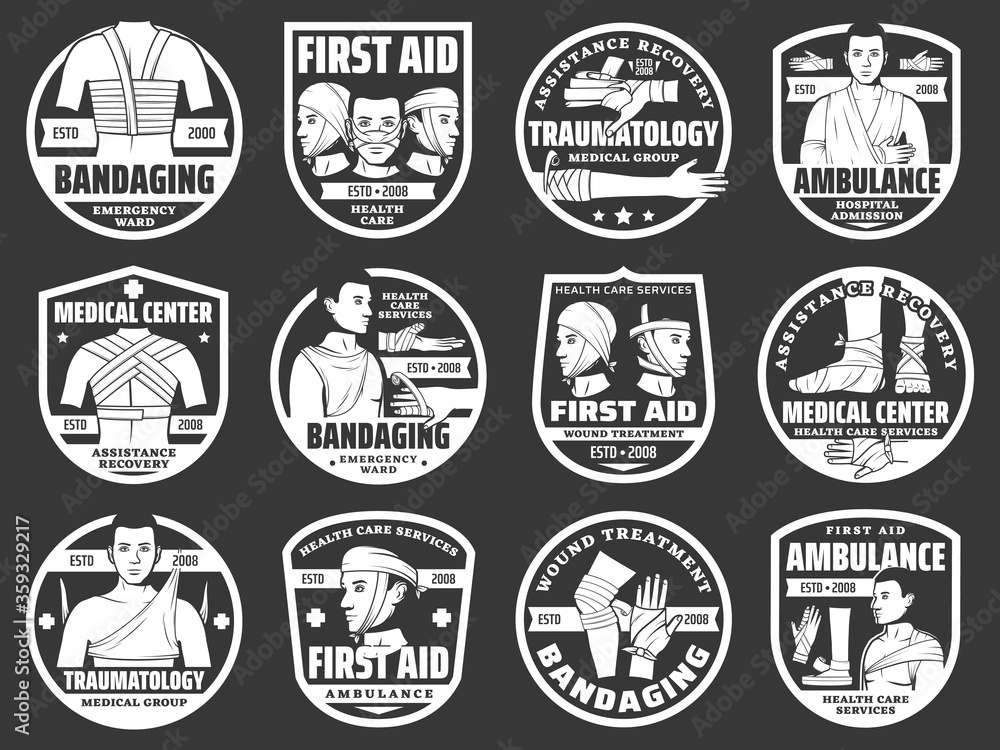 Bandaging first aid, trauma and injury medical emergency vector icons ...