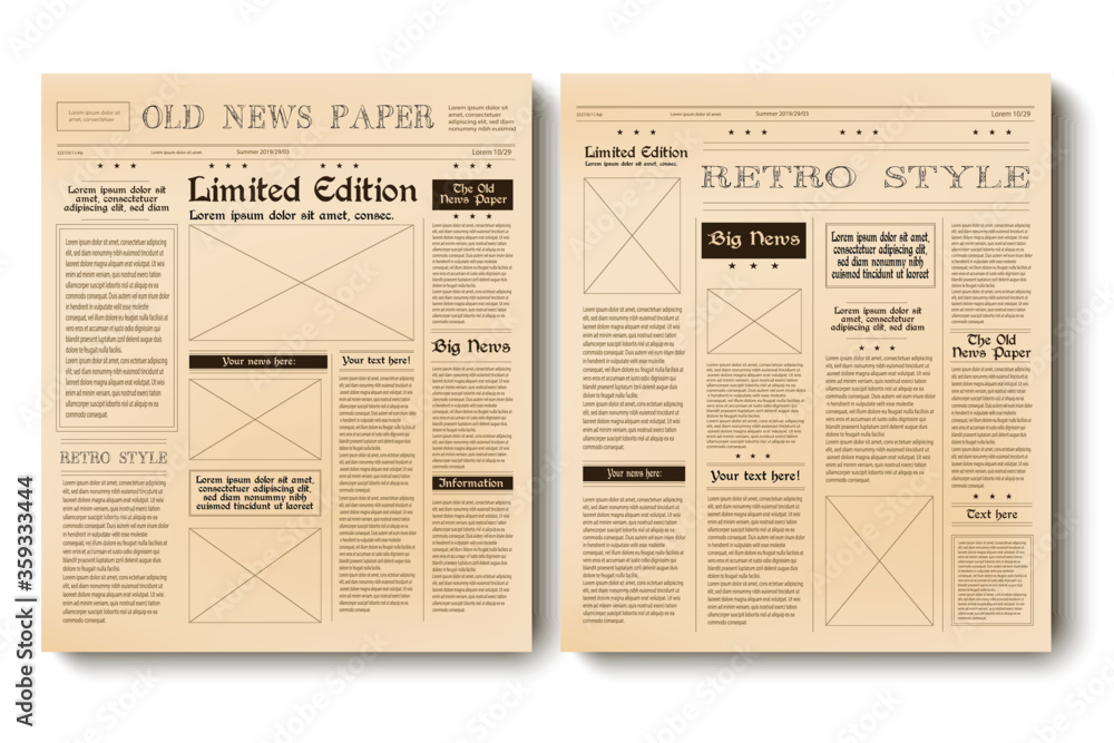 Realistic vector old vintage news paper in two 2 pages, template for ...