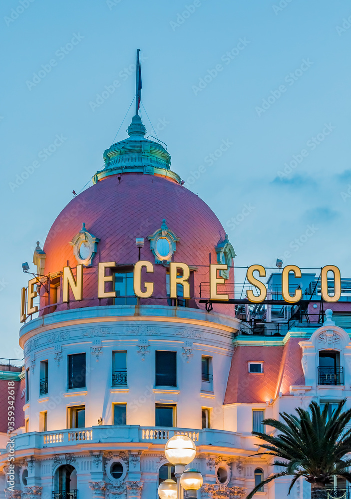 Nice, France - April 19, 2016: Sunset at the Negresco hotel. Negresco ...