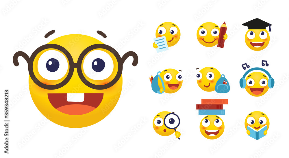 Vector set of emoji for school and education. Round yellow emoticons ...