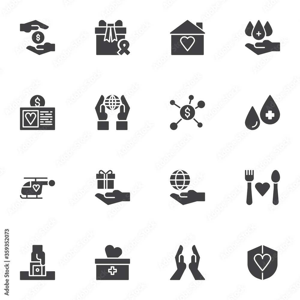 Charity vector icons set, modern solid symbol collection, filled style ...