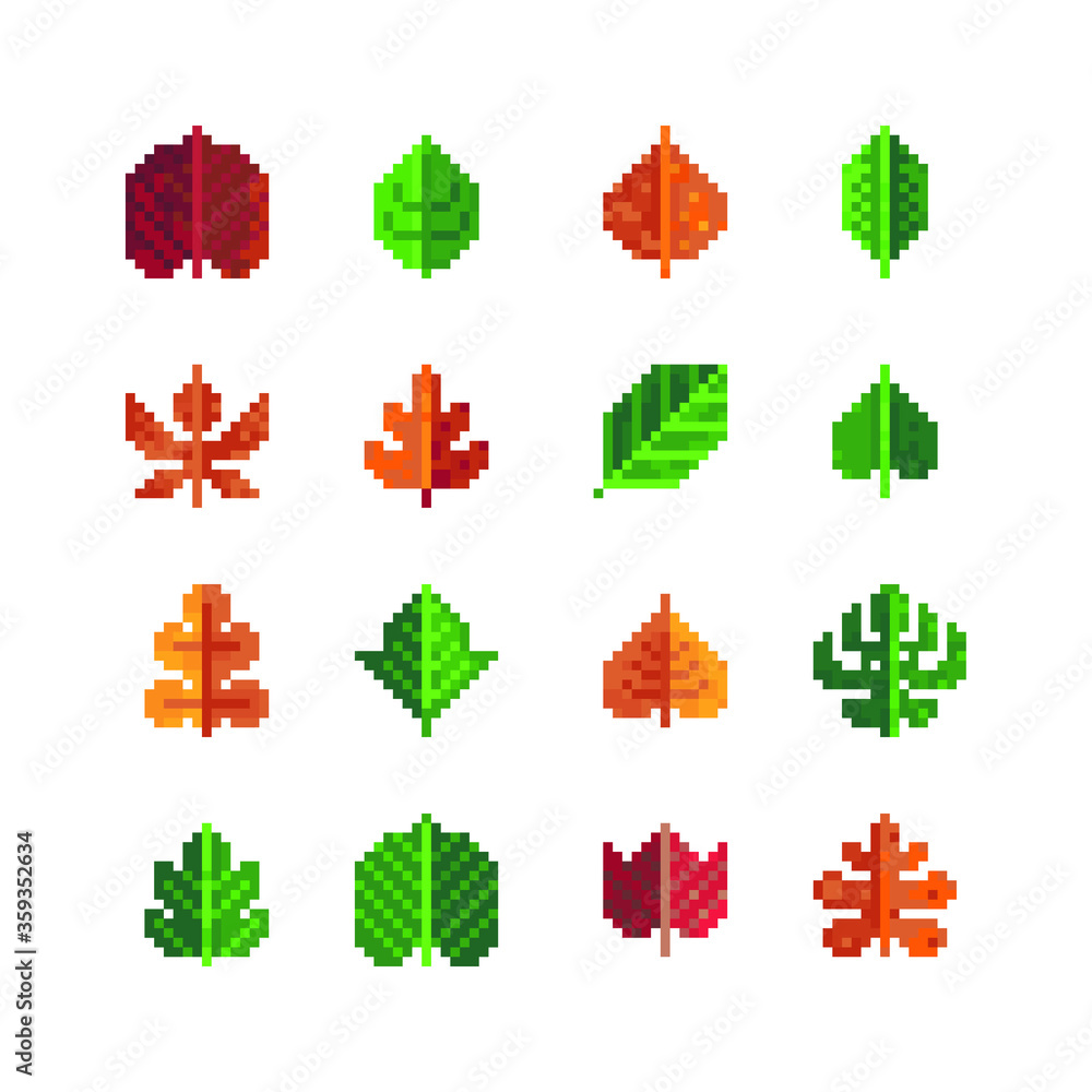 Tiny leaves of tree pixel art 8-bit style icons set, different types ...