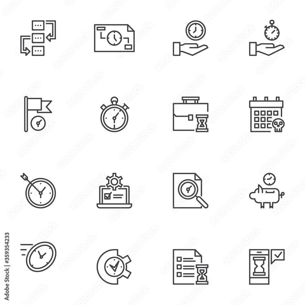 Time management line icons set, outline vector symbol collection, linear style pictogram pack ...
