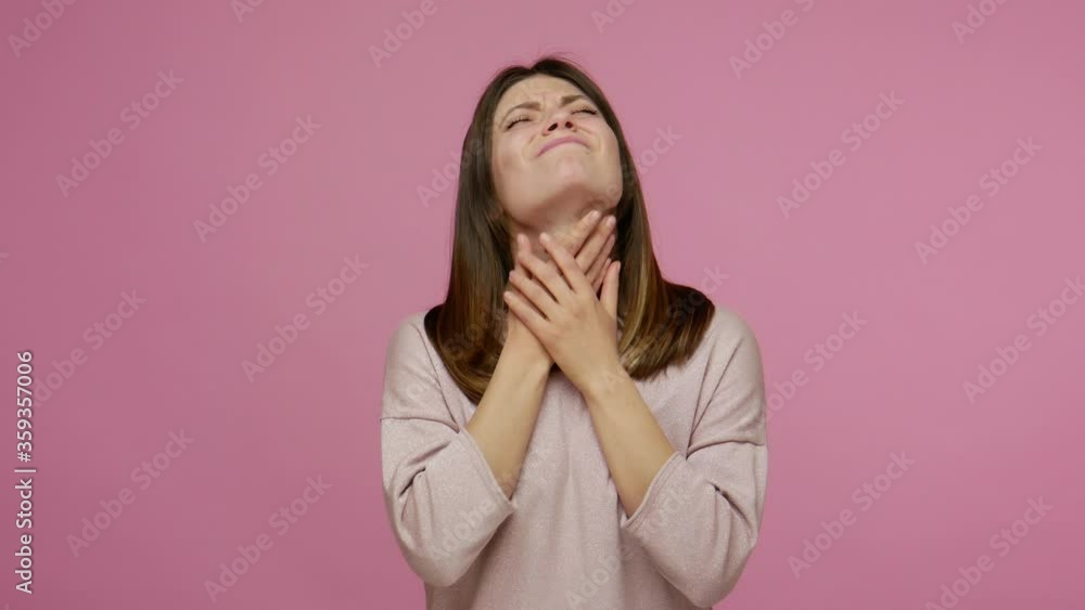 Flu virus symptoms. Young brunette woman suffering intense pain ...
