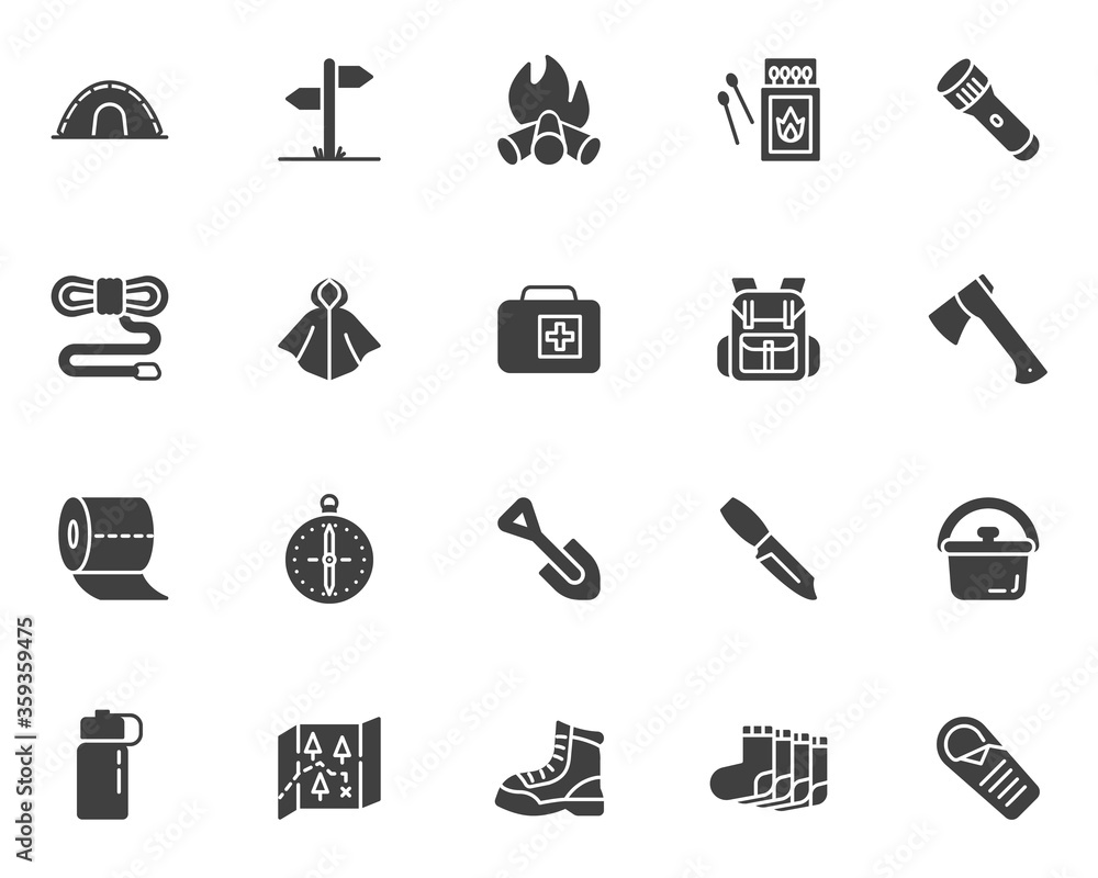 Camping hiking vector icons set, modern solid symbol collection, filled ...