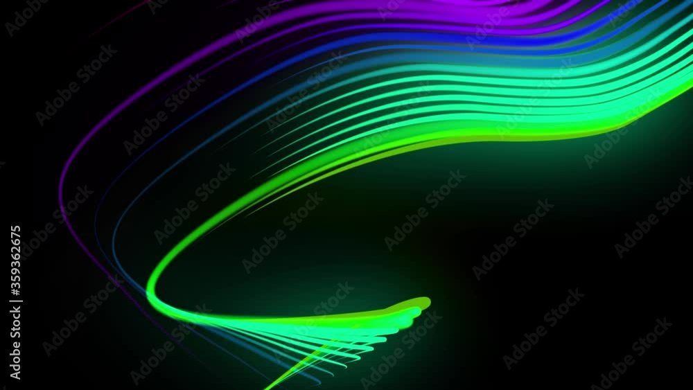 multi-colored neon lines of ribbon fly in the air, smoothly oscillation ...