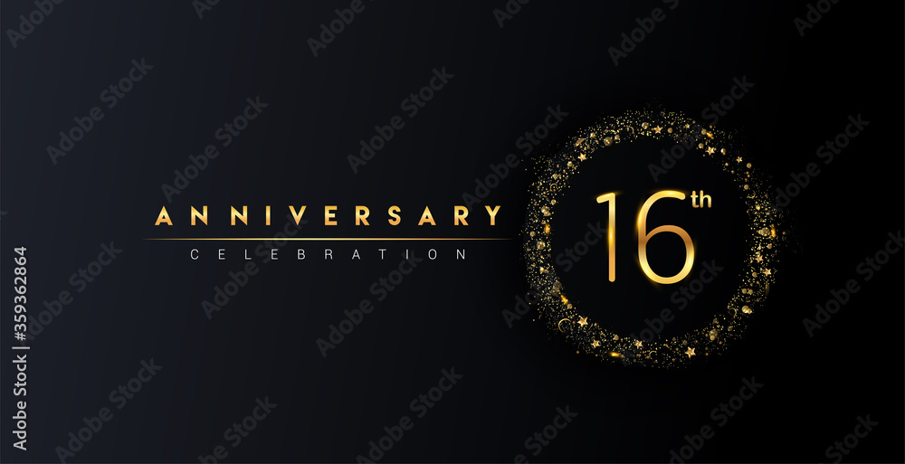 16th anniversary logo with confetti and golden glitter ring isolated on ...