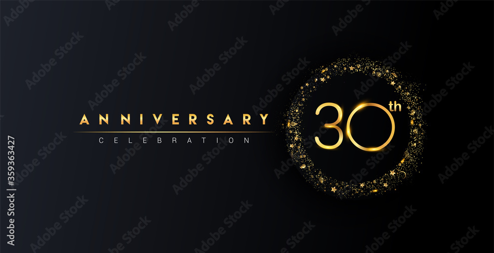 30th anniversary logo with confetti and golden glitter ring isolated on ...