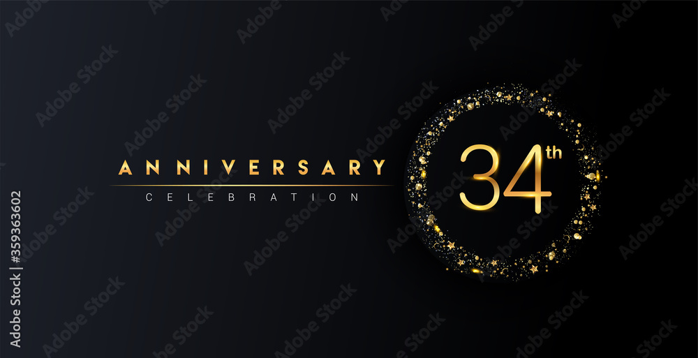 34th anniversary logo with confetti and golden glitter ring isolated on ...