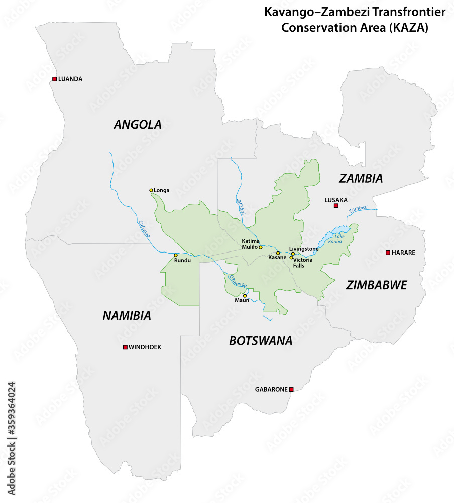 Vector map of the Kavango-Zambezi Transfrontier Conservation Area (KAZA ...