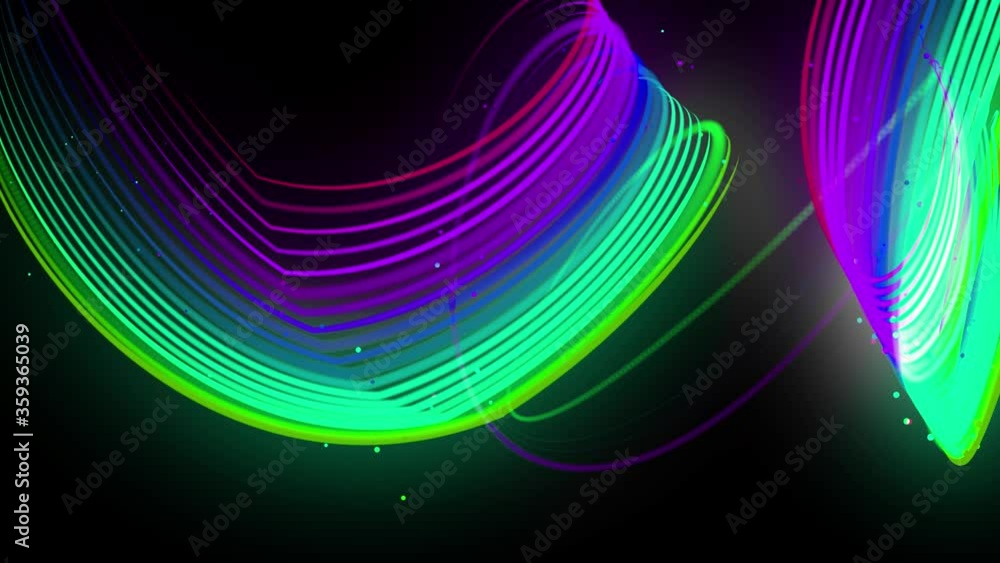 multi-colored neon lines of ribbon fly in the air, smoothly oscillation ...