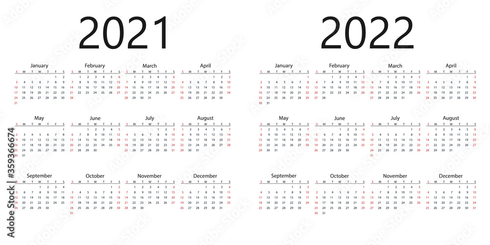 2021, 2022 calendar, week starts Sunday. Vector illustration, flat ...