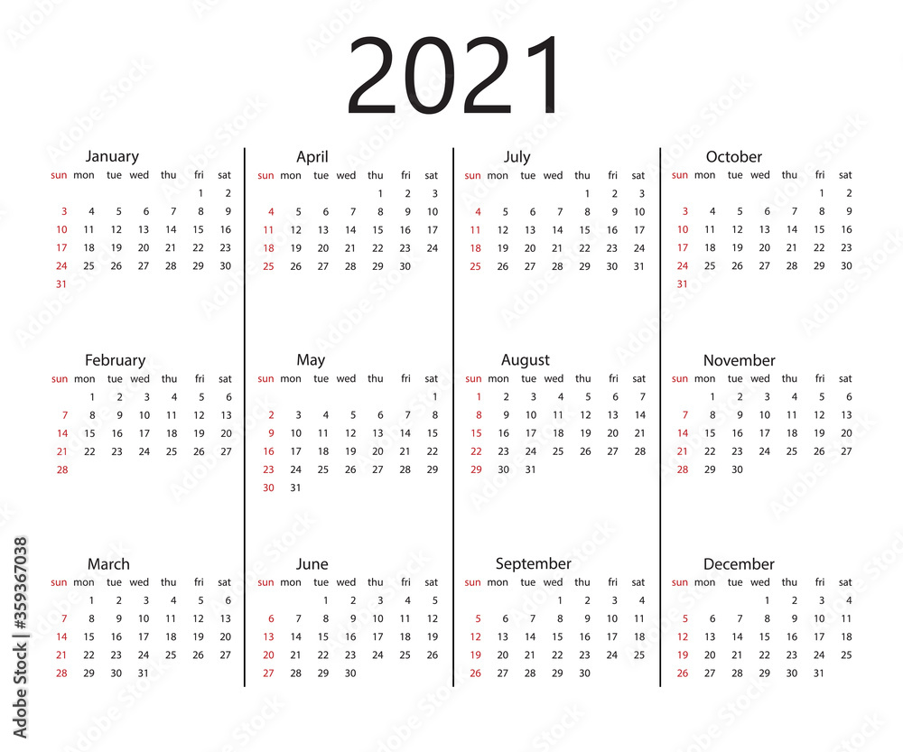 2021 calendar, week starts Sunday. Vector illustration, flat design ...