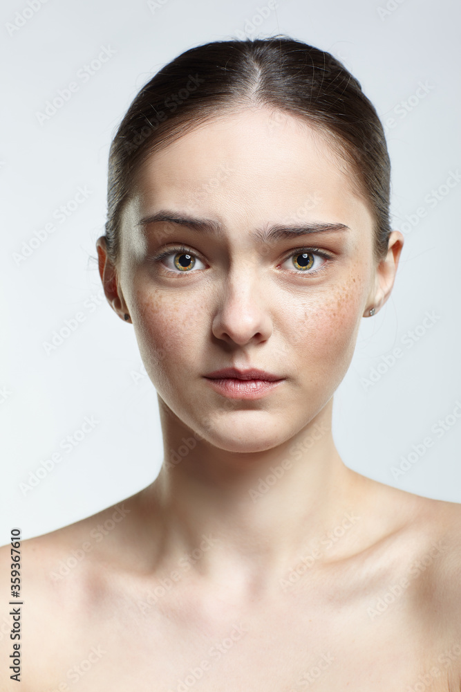 Emotional young woman face portrait with calm and tender facial ...