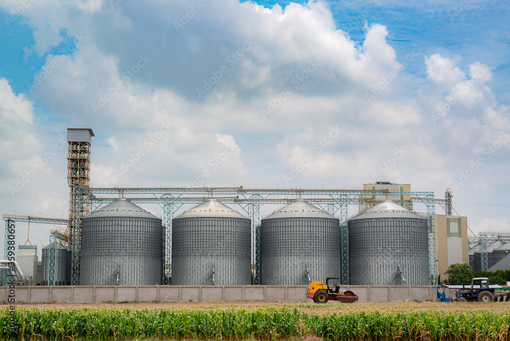 Agricultural Silo, foregro plantations. Set of storage tanks cultivated ...