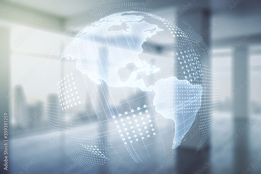 Virtual digital map of North America on empty corporate office ...