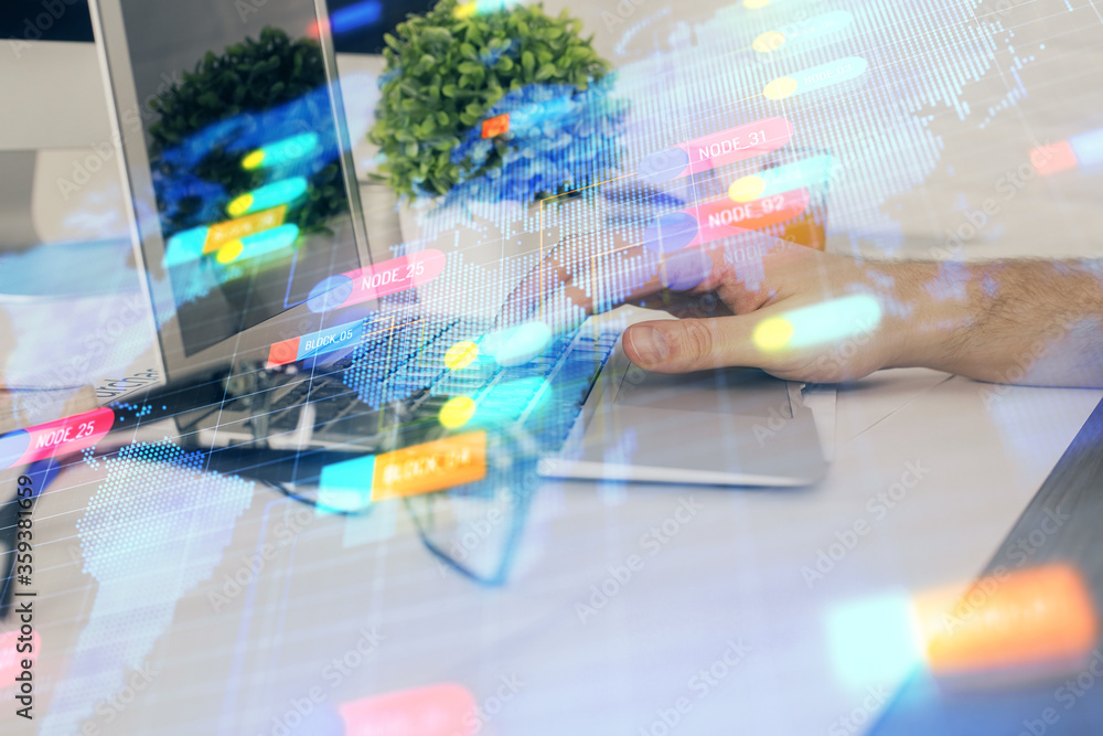 Multi exposure of tech drawings with man working on computer background ...