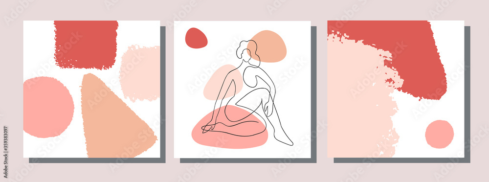 Vector set of collage modern poster with abstract shapes and one line ...