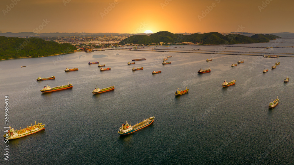 Oil tanker and LPG tanker parking at sea oil port terminal, Aerial view ...