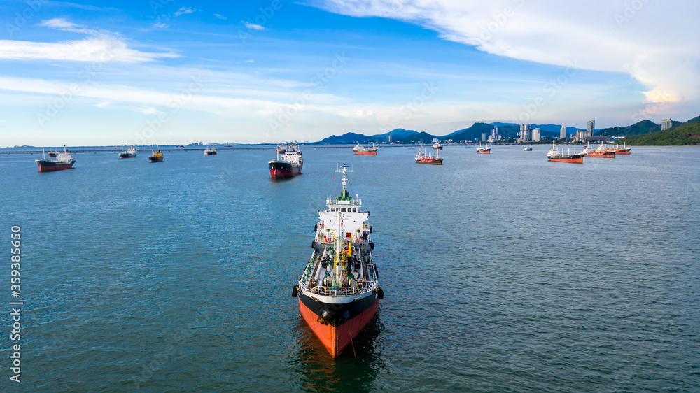 Oil tanker and LPG tanker parking at sea oil port terminal, Aerial view ...