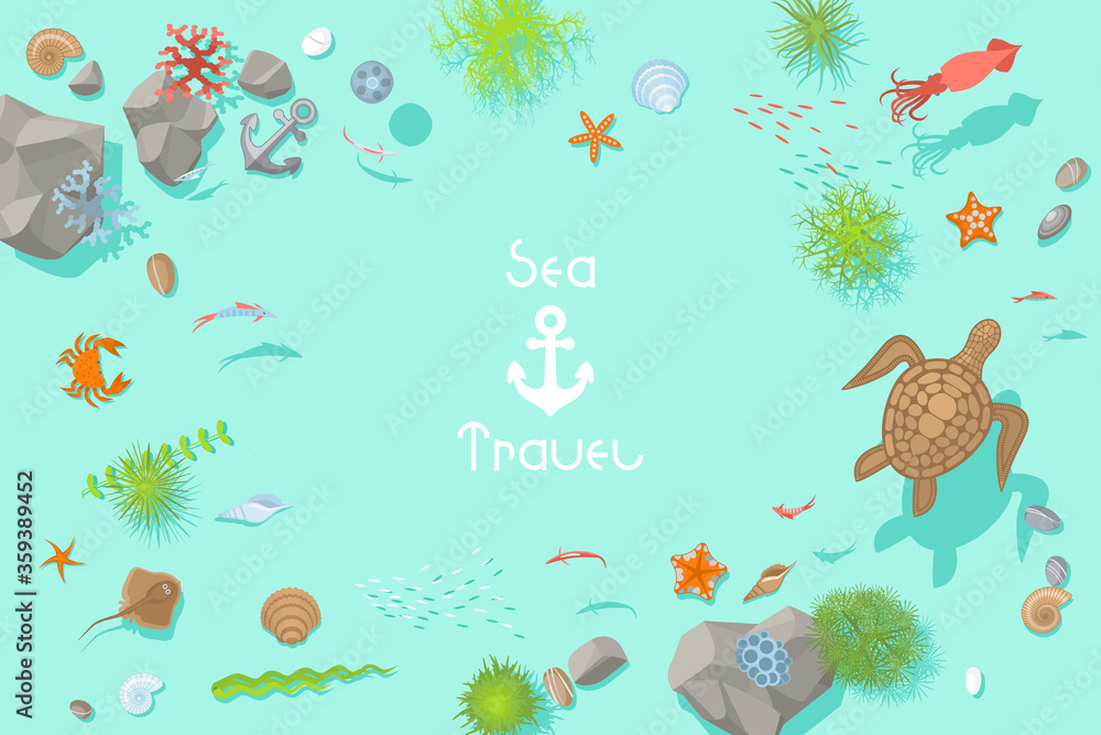 Vector background. The bottom of the sea view from above. Turtles ...