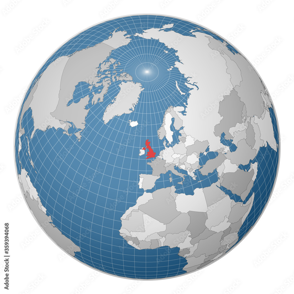 Globe centered to United Kingdom. Country highlighted with green color ...