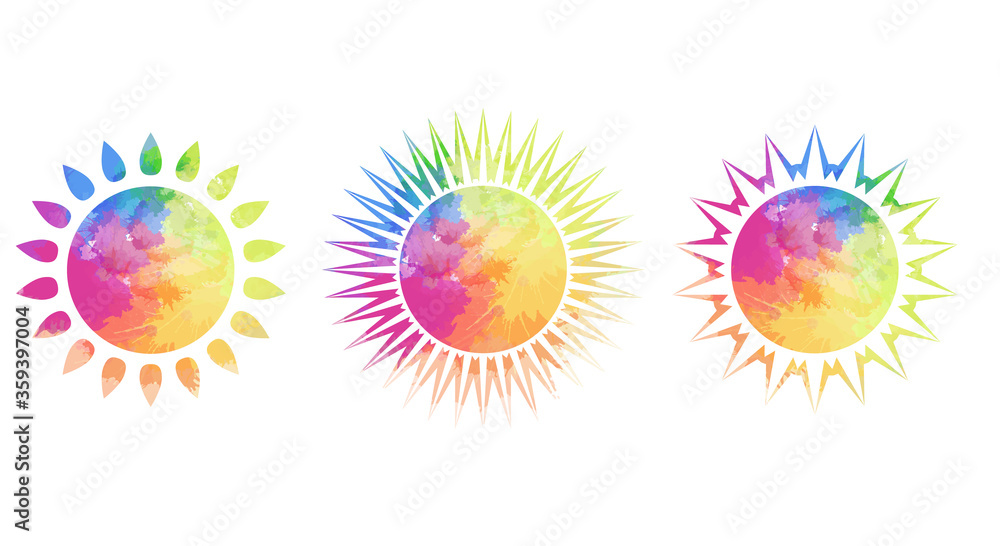 Set of different silhouettes of the suns with rainbow watercolor ...
