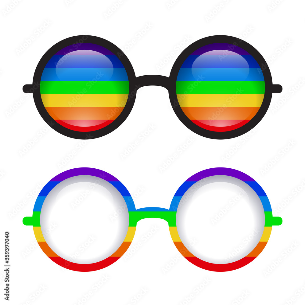 Set of round glasses with a rainbow background on the rim and glasses ...