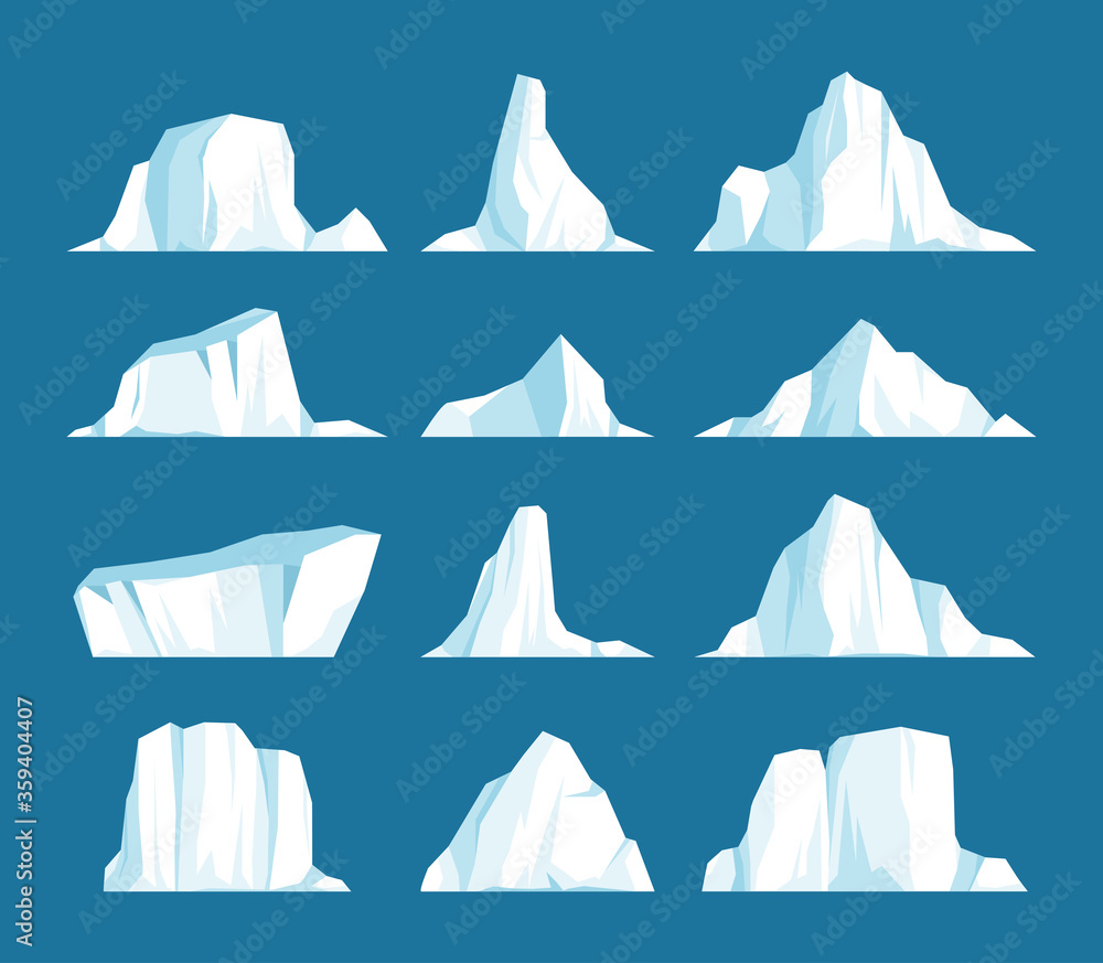 Vector set of floating icebergs in flat cartoon style. Arctic ...