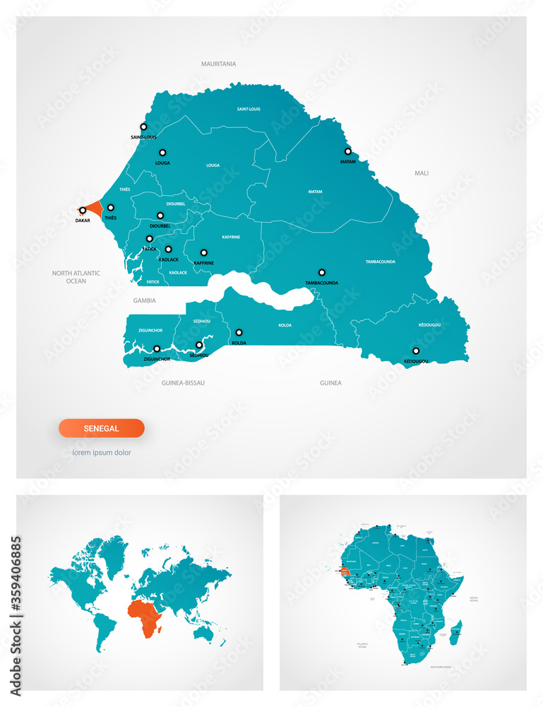 Editable template of map of Senegal with marks. Senegal on world map ...