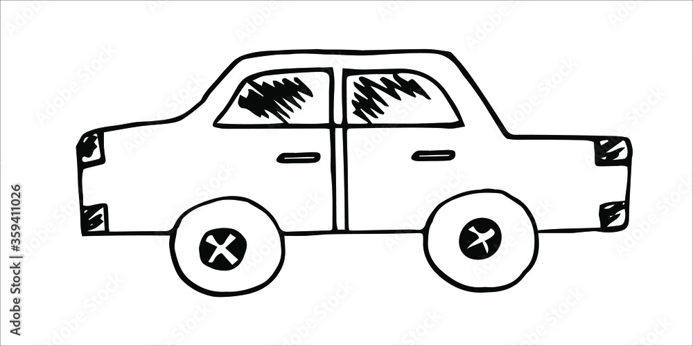 A hand-drawn vector doodle black and white passenger car that is ...