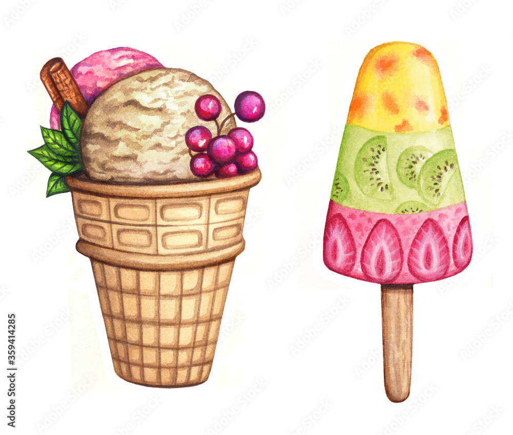 Ice cream illustrations, hand painted watercolor elements isolated on ...