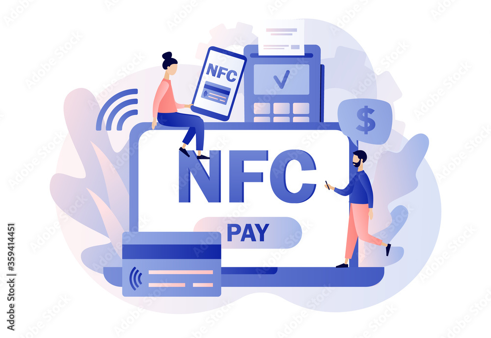 NFC payment. Tiny people use POS-terminal and payment systems ...