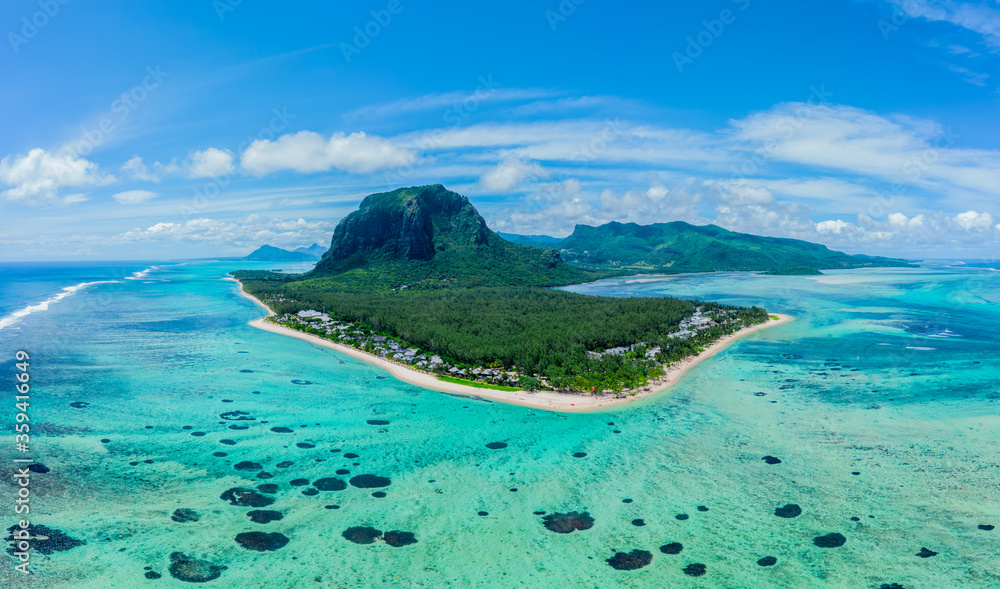 Aerial view of Le Morne Brabant, a UNESCO world heritage site.Coral ...