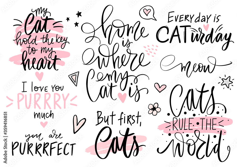 Cats quotes set, meow lettering, fashion kitty phrases. Cute vector set ...