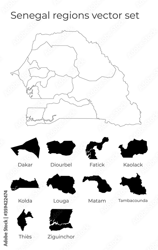Senegal map with shapes of regions. Blank vector map of the Country ...