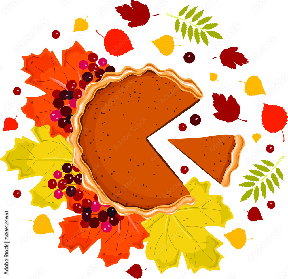Vector drawing of a pumpkin pie with autumn colored leaves around it ...