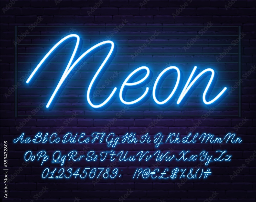 Neon blue script font. Glowing alphabet with letters, numbers and ...