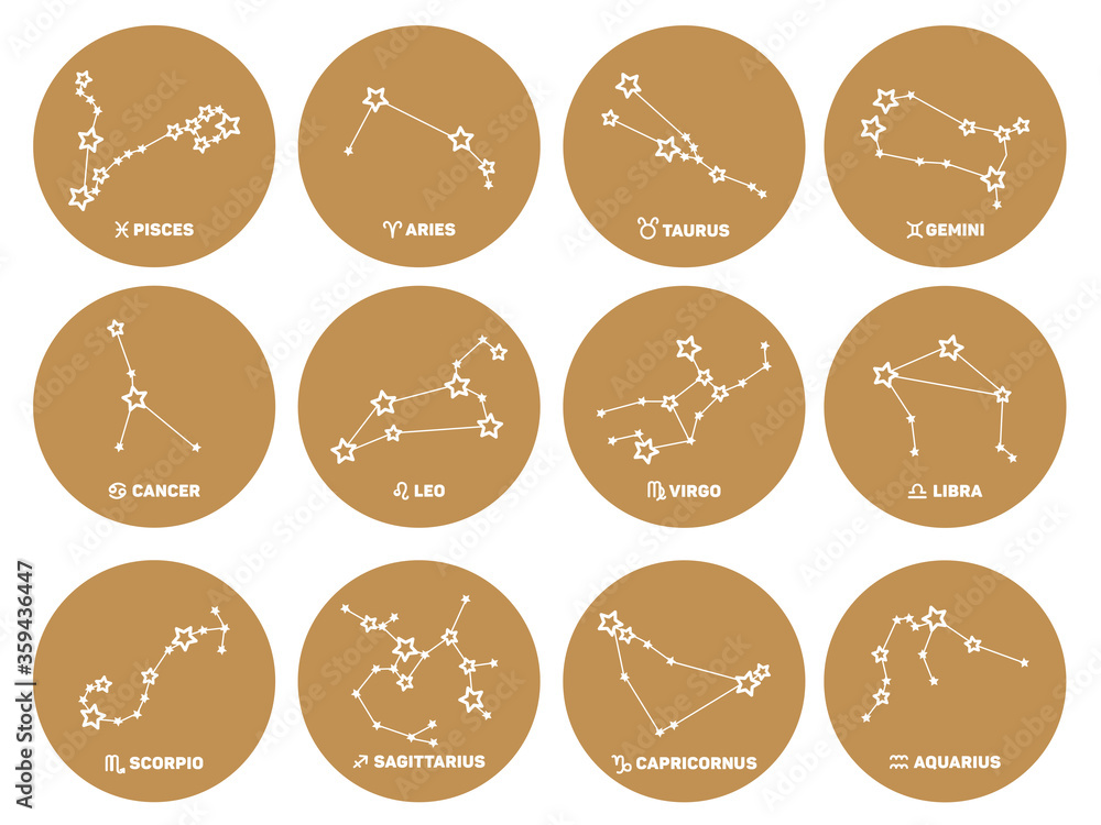 Vector set of round Zodiac signs, stars, constellations golden color on ...
