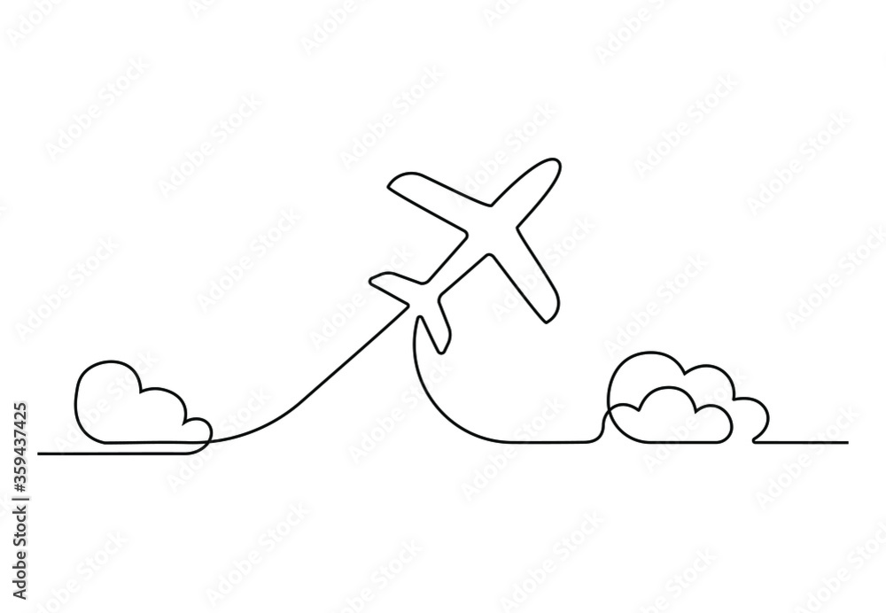Continuous line drawing of airplane in minimalist design. Travel theme ...