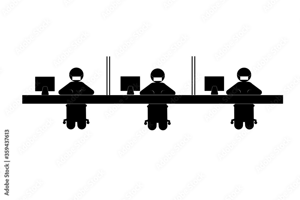Stick figures wearing face mask and working at separated area, social ...