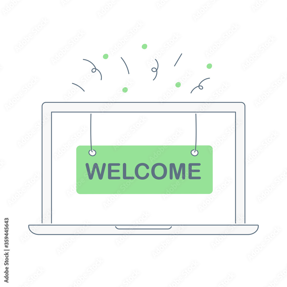 Welcome page icon with confetti on the computer screen. Invitation to ...