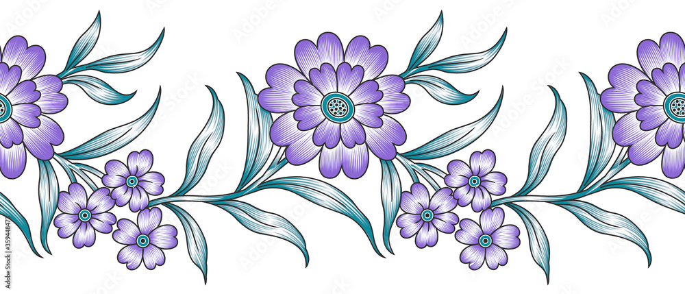 Seamless blue Asian textile floral border design on white background ...