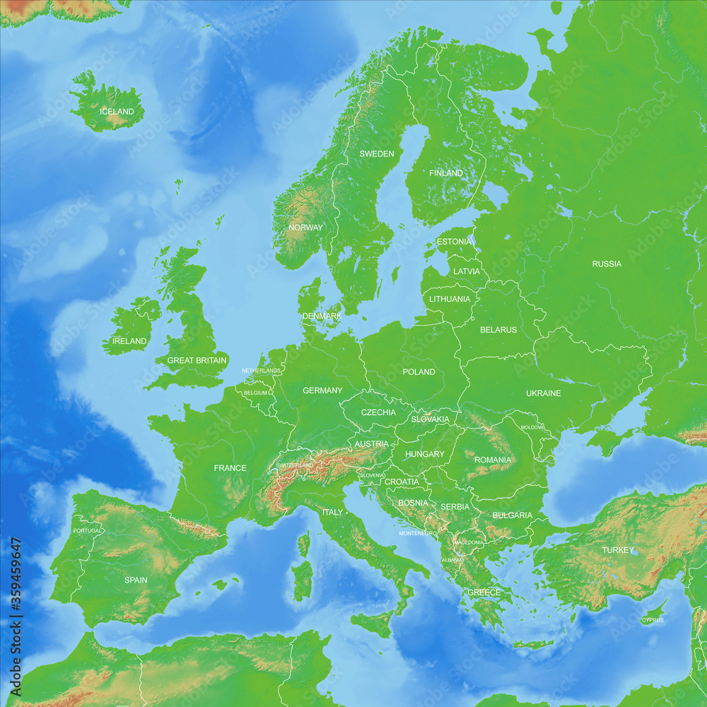 geographic map of Europe with country borders and labels Stock ...