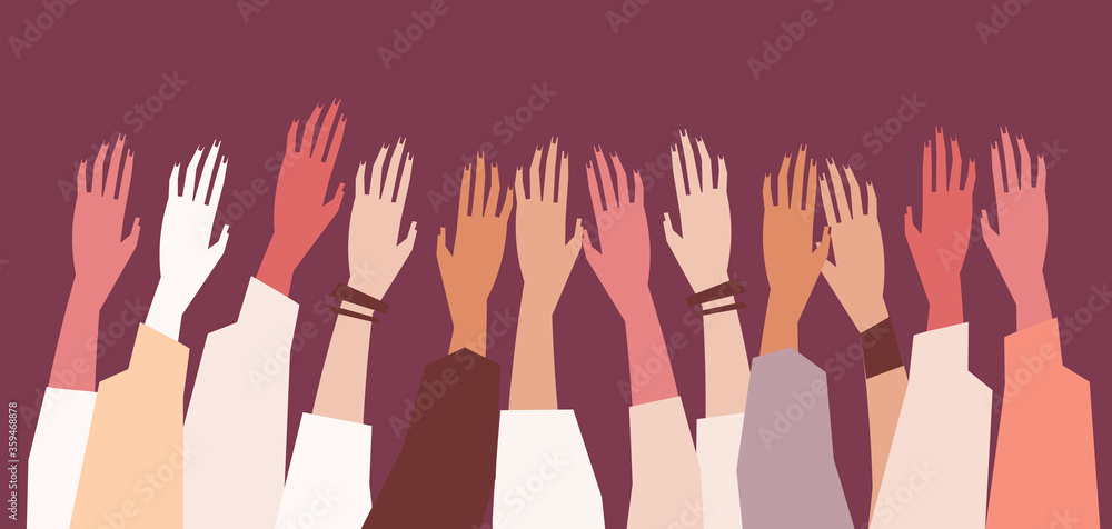 Human hands with different skin color stacked for support. Group, unity ...