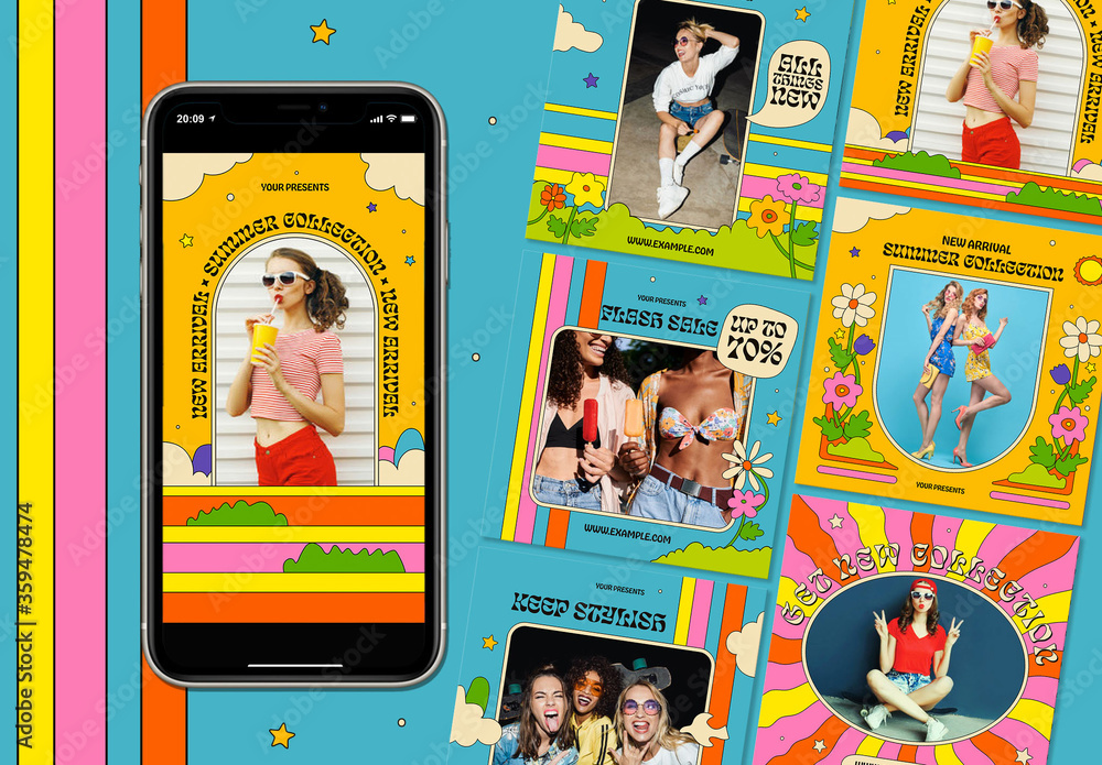 Groovy Fashion Social Media Layout Stock Template | Adobe Stock