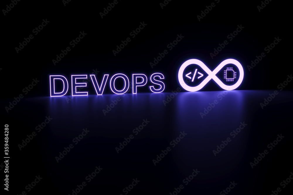 DEVOPS neon concept self illumination background 3D illustration Stock ...