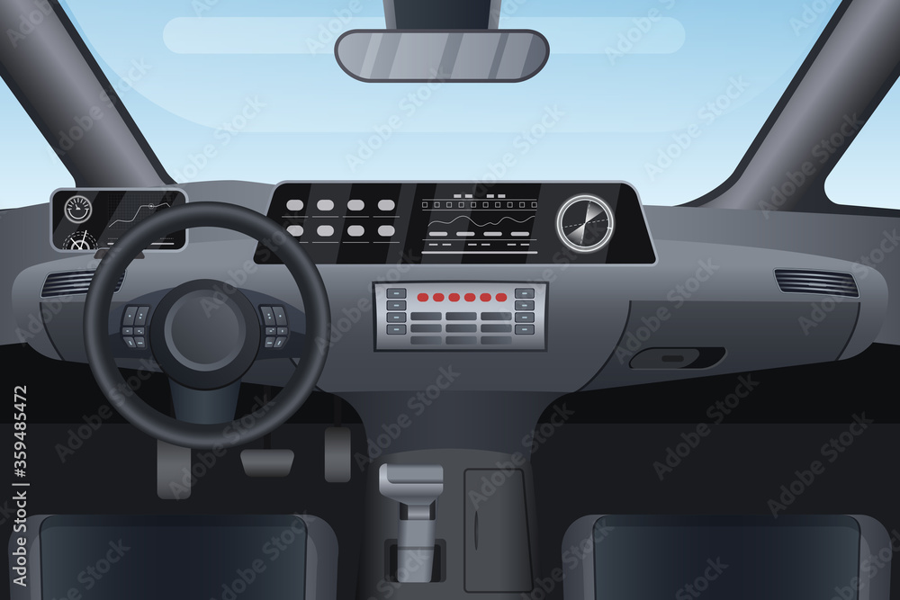 Car auto salon interior vector illustration. Cartoon flat details of ...