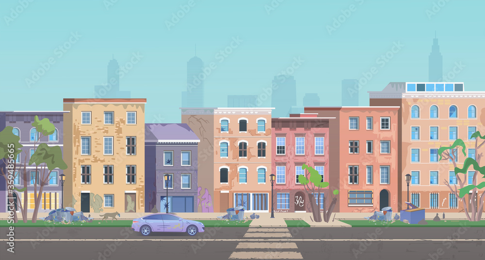 Ghetto landscape vector illustration. Cartoon neighborhood cityscape ...